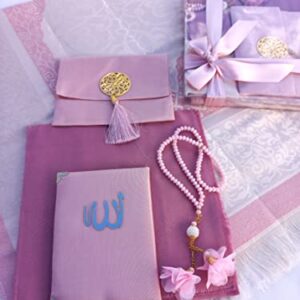 Muslim Prayer Rug | 5 in One Prayer Mat, Short Surahs Book, Tasbeeh, Scarf , Quran Case Set | Pearl Prayer Beads | Islamic Gift For Her | Islamic Gifts for Occasions | Prayer Mat| Birthday Gift|(Pink)