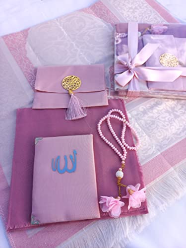 Muslim Prayer Rug | 5 in One Prayer Mat, Short Surahs Book, Tasbeeh, Scarf , Quran Case Set | Pearl Prayer Beads | Islamic Gift For Her | Islamic Gifts for Occasions | Prayer Mat| Birthday Gift|(Pink)