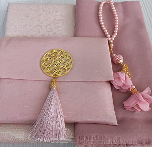 Muslim Prayer Rug | 5 in One Prayer Mat, Short Surahs Book, Tasbeeh, Scarf , Quran Case Set | Pearl Prayer Beads | Islamic Gift For Her | Islamic Gifts for Occasions | Prayer Mat| Birthday Gift|(Pink)