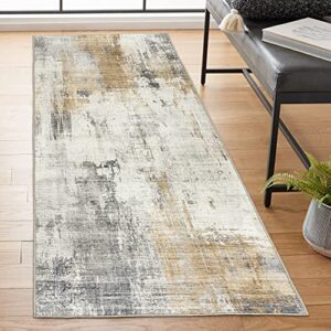 realife machine washable rug – stain resistant, non-shed – eco-friendly, non-slip, family & pet friendly – made from premium recycled fibers – abstract modern – beige, gray, ivory, 2’6″ x 8′