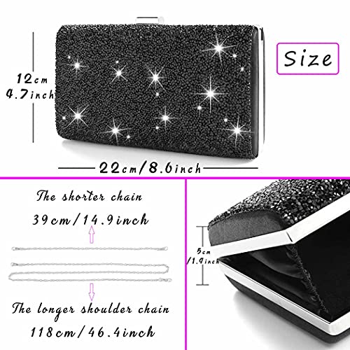 ELABEST Glitter Evening Clutch Bag Rhinestone Handbag Crossbody Purse Wedding Party Bag for Women and Girls (Single-sided black crystal)