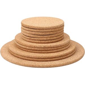 cork coasters cup trivets wooden thick drink round absorbent blank cork base mat for wine glasses home bar kitchen restaurant cafe wedding party supplies, 1/4 inch thickness, 4 sizes (12 pieces)