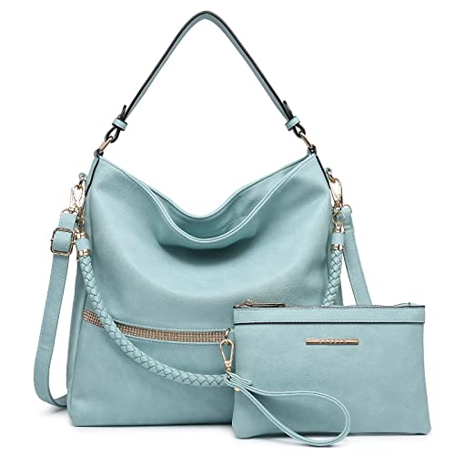 Dasein Hobo Handbags for Women Purses Vegan Leather Shoulder Bags Bucket Purse Large Tote Set with Long Strap (light blue)