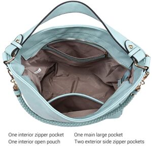 Dasein Hobo Handbags for Women Purses Vegan Leather Shoulder Bags Bucket Purse Large Tote Set with Long Strap (light blue)