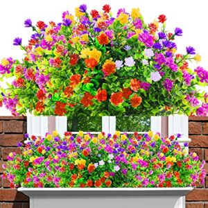 12 bundles outdoor artificial fake flowers uv resistant rose eucalyptus leaf plants, faux plastic greenery gypsophila for indoor outside hanging plants garden porch window box home wedding decor