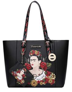 frida kahlo flower collection licensed large tote bag with coin purse (black)