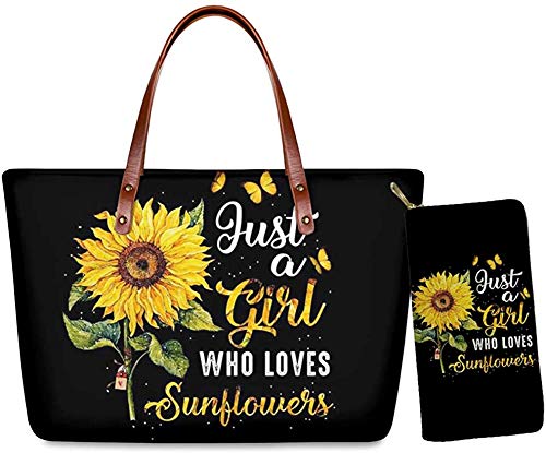 FKELYI Floral Bag for Women Ladies Designer Handbags Yellow Sunflower Design Top-Handle Bags Large Capacity Shoulder Hand Bags Set of 2