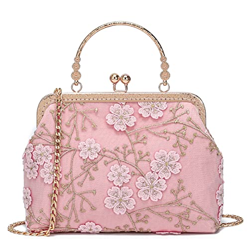 Rejolly Women Vintage Kiss Lock Clutch Handbag Floral Evening Purse Crossbody Shoulder Bag with Chain Strap (Pink)