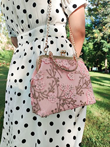 Rejolly Women Vintage Kiss Lock Clutch Handbag Floral Evening Purse Crossbody Shoulder Bag with Chain Strap (Pink)