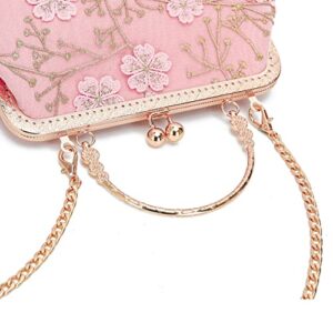 Rejolly Women Vintage Kiss Lock Clutch Handbag Floral Evening Purse Crossbody Shoulder Bag with Chain Strap (Pink)