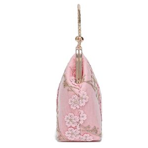 Rejolly Women Vintage Kiss Lock Clutch Handbag Floral Evening Purse Crossbody Shoulder Bag with Chain Strap (Pink)