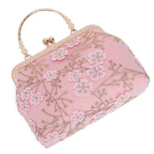 Rejolly Women Vintage Kiss Lock Clutch Handbag Floral Evening Purse Crossbody Shoulder Bag with Chain Strap (Pink)