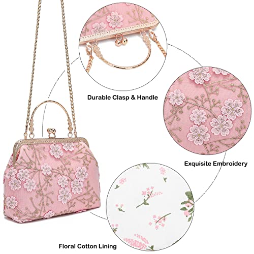 Rejolly Women Vintage Kiss Lock Clutch Handbag Floral Evening Purse Crossbody Shoulder Bag with Chain Strap (Pink)