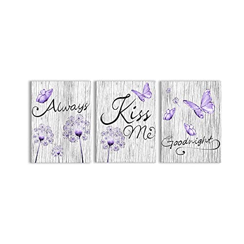 Kalormore Bedroom Picture Decoration Fancy Purple Dandelion Butterfly with Elegant Always Kiss Me Goodnight Painting Rustic Grey Wooden Textured Giclee Canvas Wall Art Decor Ready to Hang