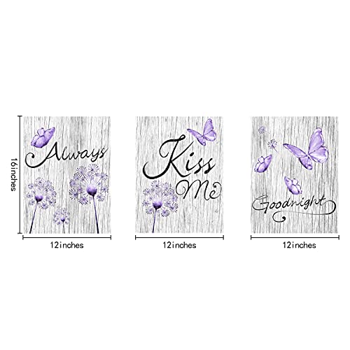 Kalormore Bedroom Picture Decoration Fancy Purple Dandelion Butterfly with Elegant Always Kiss Me Goodnight Painting Rustic Grey Wooden Textured Giclee Canvas Wall Art Decor Ready to Hang