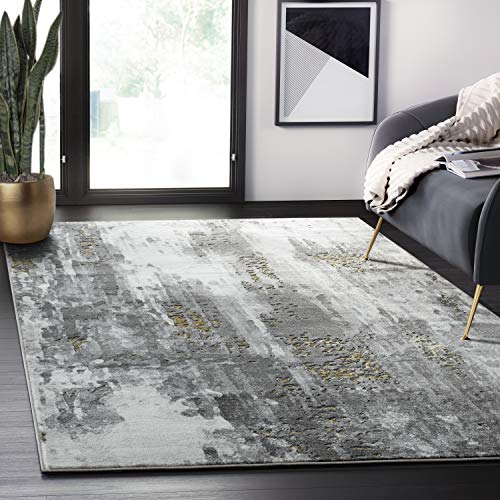 Abani Abstract Distressed Rug 6' x 9' - Contemporary Modern Gold & Grey Rugs Marbled Area Rug Living Room Rug