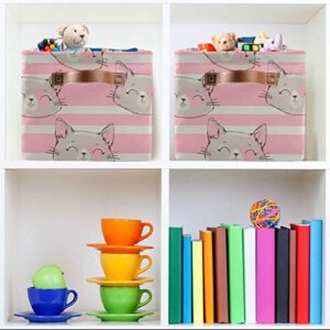 AGONA Cute Cats Animal Pink Striped Foldable Storage Bins Large Collapsible Fabric Storage Baskets with Leather Handles Organizing Box for Shelves Home Bedroom Nursery Office 2 Pack