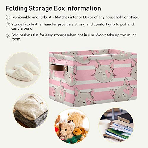 AGONA Cute Cats Animal Pink Striped Foldable Storage Bins Large Collapsible Fabric Storage Baskets with Leather Handles Organizing Box for Shelves Home Bedroom Nursery Office 2 Pack