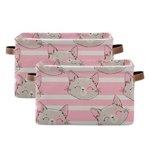 AGONA Cute Cats Animal Pink Striped Foldable Storage Bins Large Collapsible Fabric Storage Baskets with Leather Handles Organizing Box for Shelves Home Bedroom Nursery Office 2 Pack