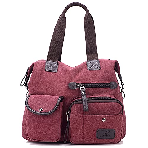 ROUROU Multi Pocket Handbag for Women Cotton Canvas Shoulder Bag Casual Crossbody Bag Large Capacity Satchel Commute Purse