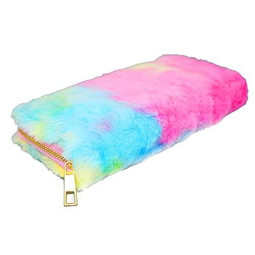 Pinsway Rainbow Fur Wallet Tie Dye Plush Zipper Long Clutch Purse Card Holder for Girls (Rainbow Ombre 1)