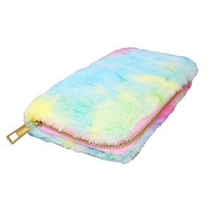 Pinsway Rainbow Fur Wallet Tie Dye Plush Zipper Long Clutch Purse Card Holder for Girls (Rainbow Ombre 1)