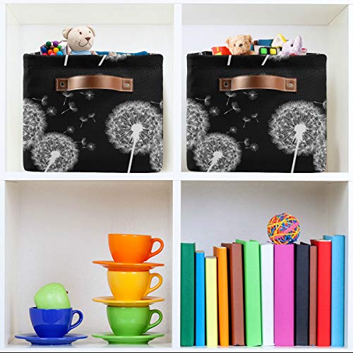 AGONA White Flower Dandelion Black Foldable Storage Bins Large Collapsible Fabric Storage Baskets with Leather Handles Organizing Box for Shelves Home Bedroom Nursery Office 2 Pack