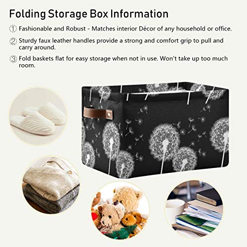 AGONA White Flower Dandelion Black Foldable Storage Bins Large Collapsible Fabric Storage Baskets with Leather Handles Organizing Box for Shelves Home Bedroom Nursery Office 2 Pack