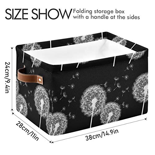 AGONA White Flower Dandelion Black Foldable Storage Bins Large Collapsible Fabric Storage Baskets with Leather Handles Organizing Box for Shelves Home Bedroom Nursery Office 2 Pack