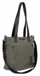 harley-davidson women’s embroidered #1 logo distressed denim tote bag – olive