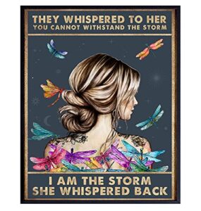 they whispered to her you cannot withstand the storm – positive motivational uplifting encouragement gifts for women teens – inspirational quote wall art – boho decoration print – dragonfly wall decor