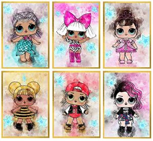 posters for girls room – unframed set of 6 doll prints, 8×10 inch, pink bedroom decor for girls, cartoon wall art prints for tween girl, gift for kids, bathroom, birthday party decoration, fashion dolls for 5 year plus