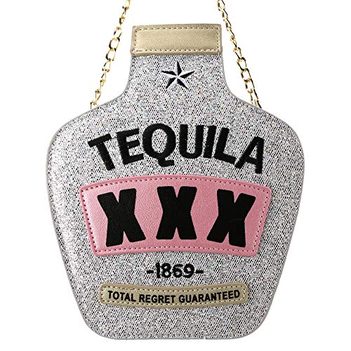 Ondeam Tequila Bottle Shaped Laser Shoulder Handbags,Pu Crossbody Purse for women(Silver B)