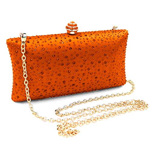 Women Handbags Rhinestone Evening Bags Party Purse Prom Wedding Bride Crystal Party Clutches Bag with Chain (Orange)