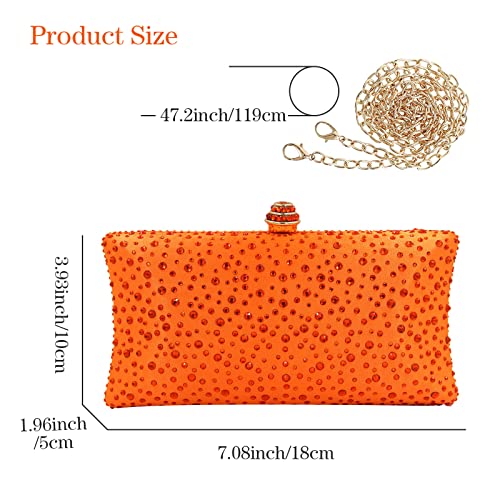 Women Handbags Rhinestone Evening Bags Party Purse Prom Wedding Bride Crystal Party Clutches Bag with Chain (Orange)