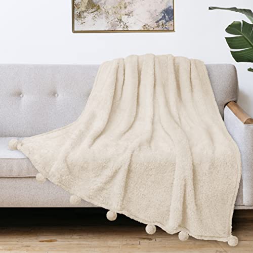 PAVILIA Cream Sherpa Throw Blanket for Couch, Pom Pom | Fluffy Plush Soft Blanket for Sofa Bed | Shaggy Warm Fuzzy Fleece Blanket | Cozy Decorative Beige Ivory Pompom Throw, 50x60