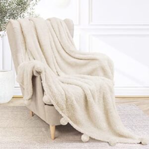 PAVILIA Cream Sherpa Throw Blanket for Couch, Pom Pom | Fluffy Plush Soft Blanket for Sofa Bed | Shaggy Warm Fuzzy Fleece Blanket | Cozy Decorative Beige Ivory Pompom Throw, 50x60