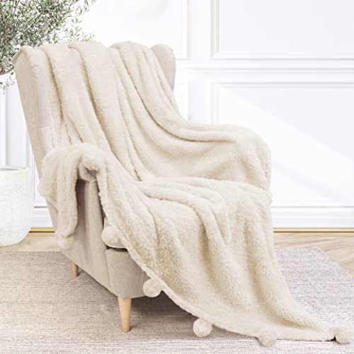 PAVILIA Cream Sherpa Throw Blanket for Couch, Pom Pom | Fluffy Plush Soft Blanket for Sofa Bed | Shaggy Warm Fuzzy Fleece Blanket | Cozy Decorative Beige Ivory Pompom Throw, 50x60