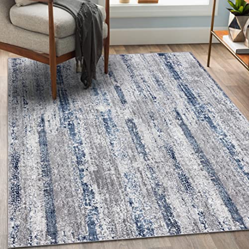 LUXE WEAVERS Modern Distressed Striped Area Rug Blue 8x10, Stain Resistant Carpet