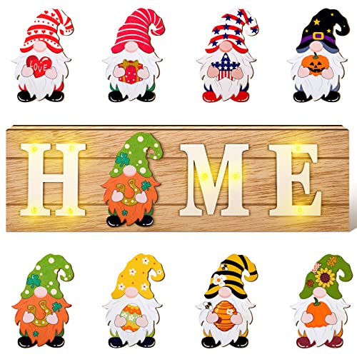 St. Patrick's Day Gnome Home Sign Interchangeable Home Sign with 8 Seasonal Magnet Rustic St. Patrick's Day Wooden Sign Table Top Shelf Decor 8 LED Lights for Holiday Farmhouse Door Welcome DIY Decor