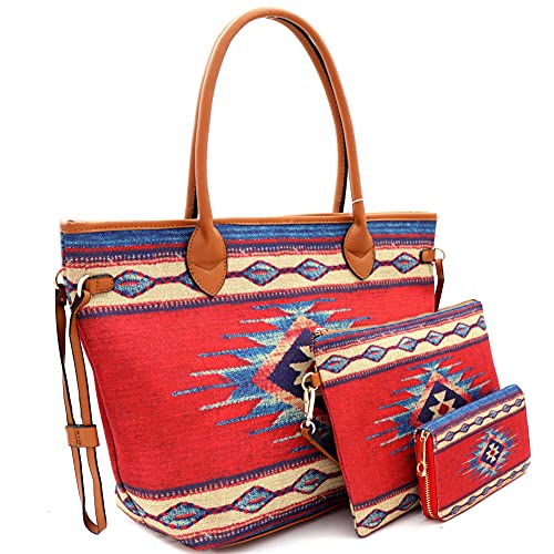 Boho Tassel Leaf Charm Aztec & Stripe Print Canvas Satchel Tote Handbag Purse (Extra Large 3 in 1 Tote - Red/Blue Pattern)