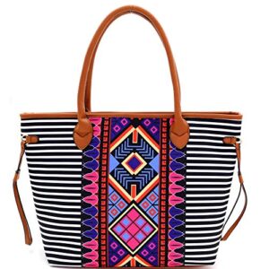 Boho Tassel Leaf Charm Aztec & Stripe Print Canvas Satchel Tote Handbag Purse (Extra Large 3 in 1 Tote - Red/Blue Pattern)