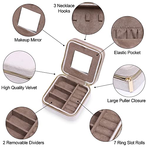 BLUTETE Travel Jewelry Box Organizer Velvet Travel Case With Mirror Ring Earrings Necklaces Storage Organizer Box (Champagne)