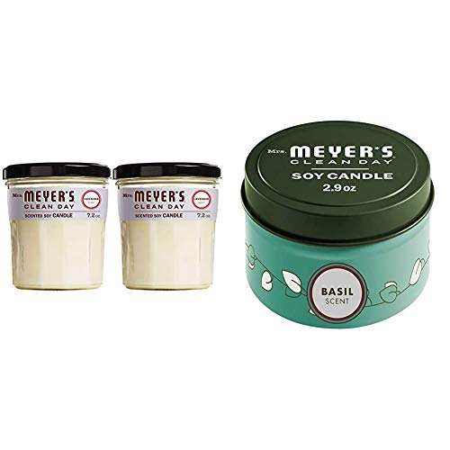 Mrs. Meyer's Clean Day's Tin and Glass Candle Bundle - Lavender Scented Soy Aromatherapy Candle (2 Count), Basil Scented Tin Candle (3 Candles Total)