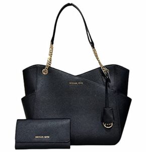 michael kors jet set large chain tote black 2021 bundled with michael kors jet set large black trifold wallet