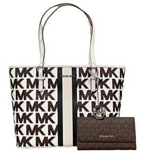 michael kors jet set travel medium carryall tote brown graphic mk logo optic white…