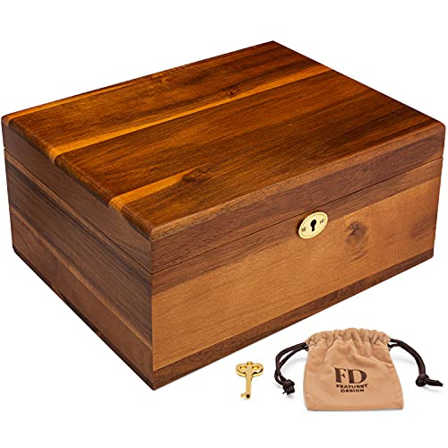 Wooden Storage Box with Hinged Lid and Locking Key - Large Premium Acacia Keepsake Chest with Matte Finish - Store Jewelry, Toys, and Keepsakes in a Beautiful Decorative Crate - 11 X 8.5 X 5 Inches