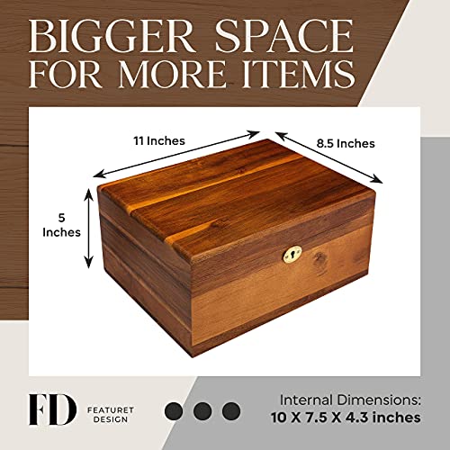 Wooden Storage Box with Hinged Lid and Locking Key - Large Premium Acacia Keepsake Chest with Matte Finish - Store Jewelry, Toys, and Keepsakes in a Beautiful Decorative Crate - 11 X 8.5 X 5 Inches