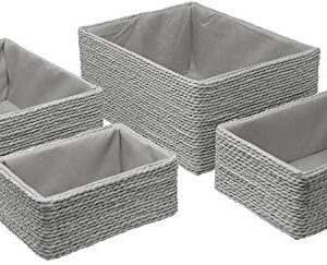 Sorbus Storage Baskets 4-Piece Set - Stackable Woven Basket Paper Rope Bin Boxes for Makeup, -Bathroom, Office Supplies, Bedroom, Closet (Gray)