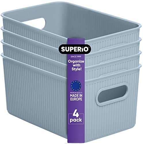 Superio Decorative Plastic Open Home Storage Bins Organizer Baskets, Medium Blue (4 Pack) Container Boxes for Organizing Closet Shelves Drawer Shelf - Ribbed Collection 5 Liter